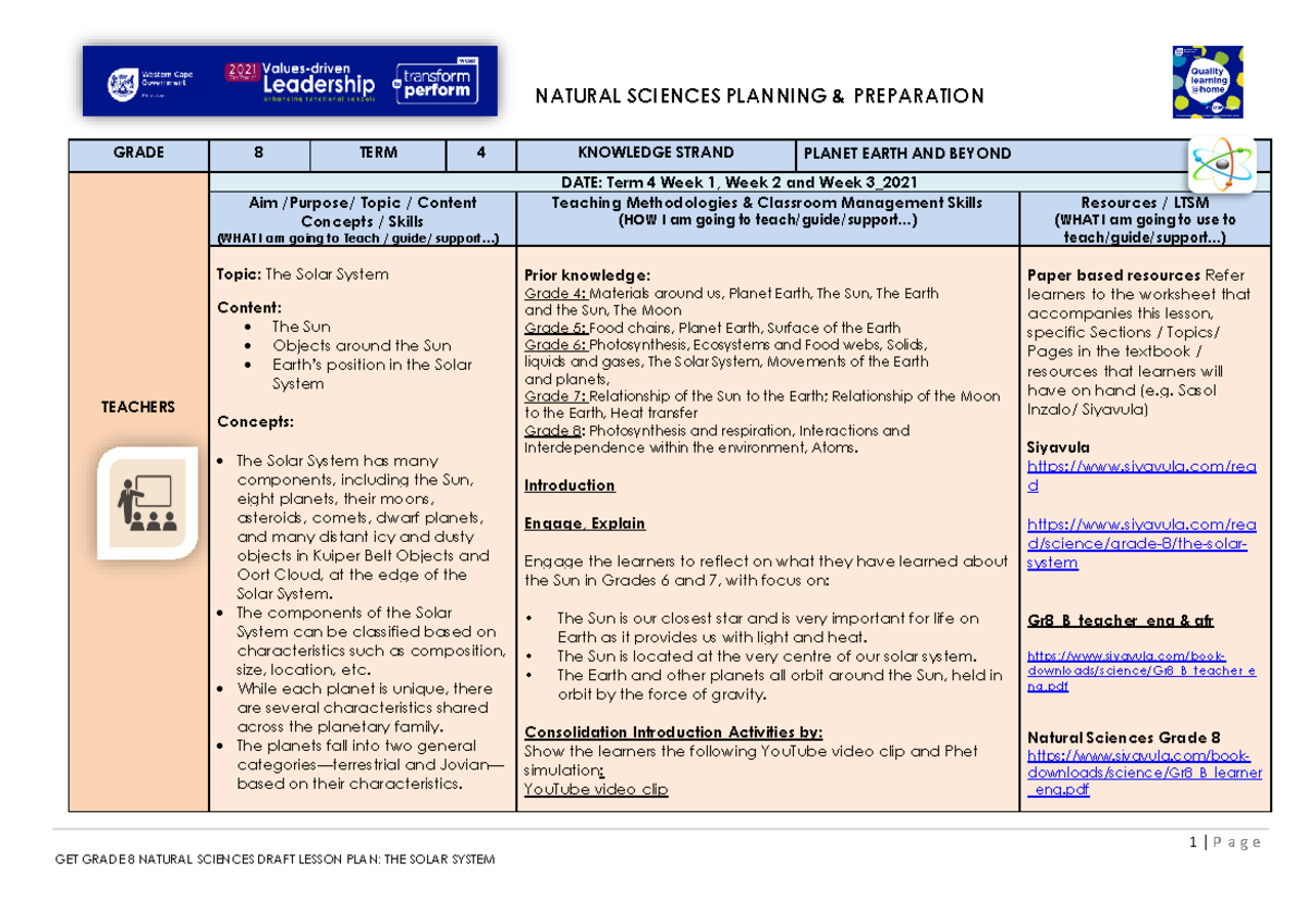 Lesson Plan GET SP Gr. 8 Natural Sciences T4 W1 - 1 | P a g e NATURAL ...