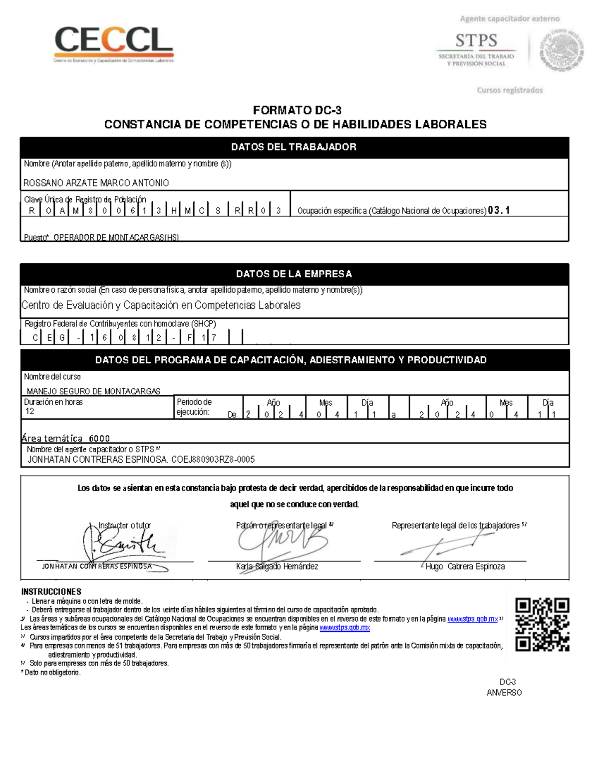 DC 3 Rossano Arzate - DC 3 - . FORMATO DC- 3 CONSTANCIA DE COMPETENCIAS ...