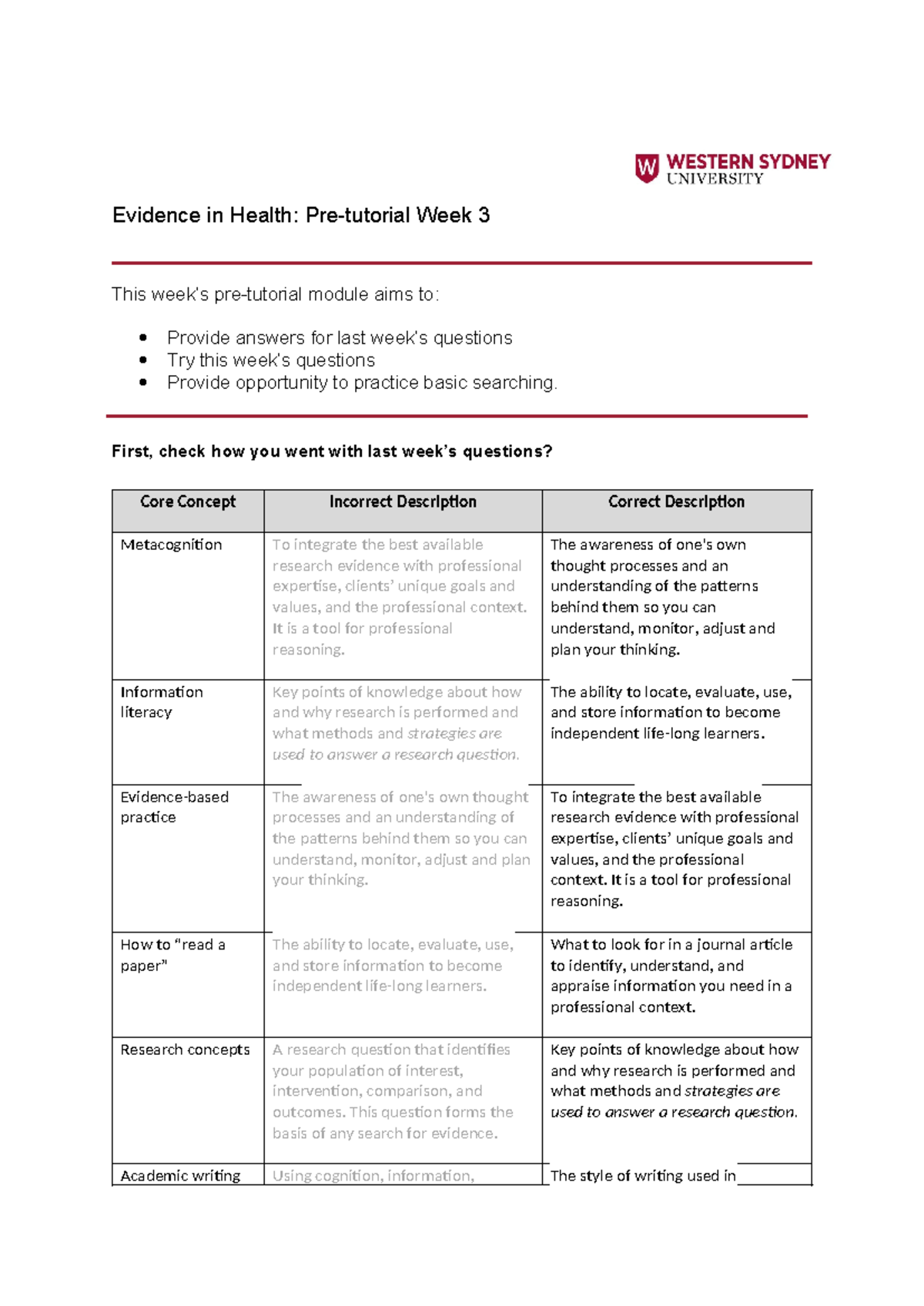 EIH Pre-tutorial Week 03 2024 - Evidence in Health: Pre-tutorial Week 3 This week’s pre-tutorial ...