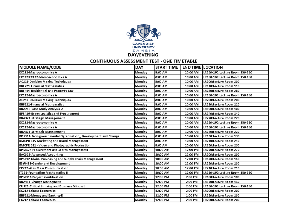 Continous Assesment Timetable-1 - MODULE NAME/CODE DAY START TIME END ...