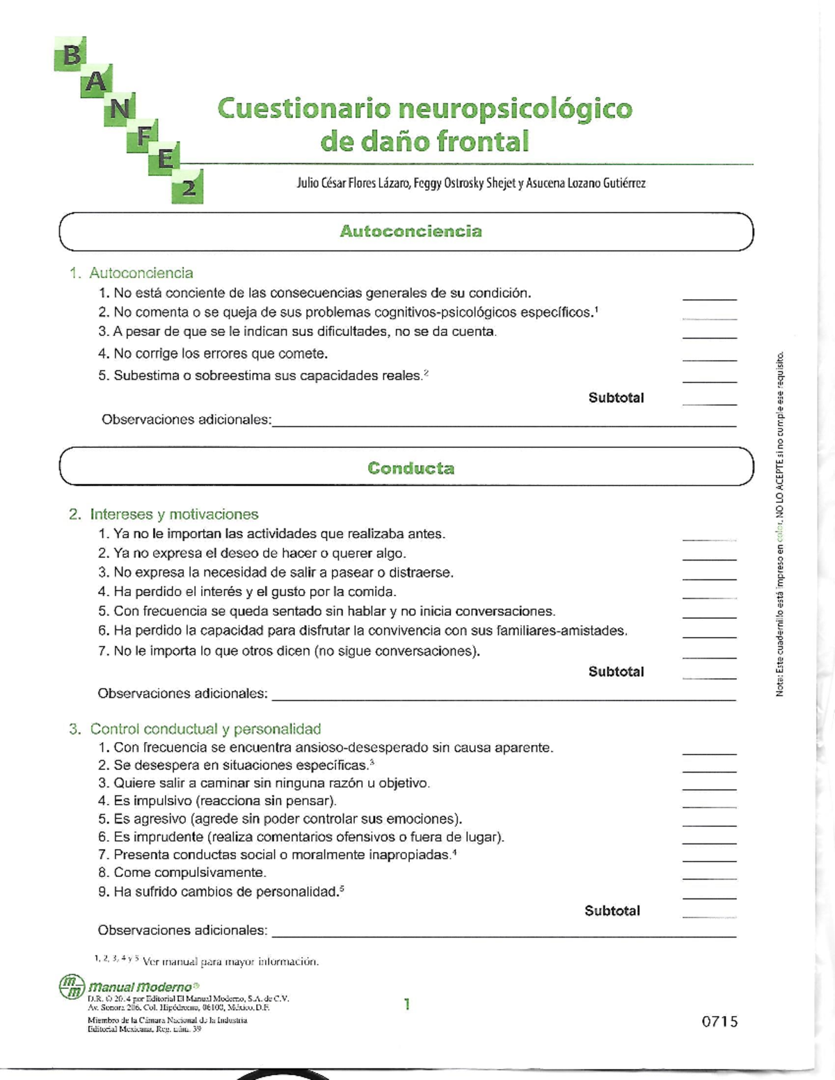 Cuestionario-dañofrontal - B A N Cuestionario neuropsicológico F de ...