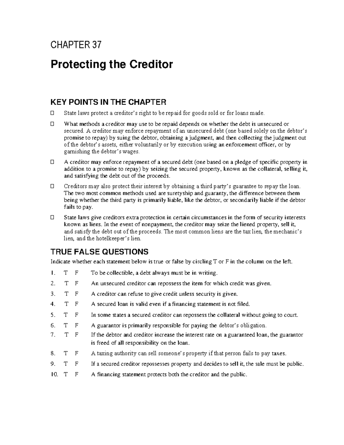 Ch37 Protecting the Creditor - CHAPTER 37 Protecting the Creditor KEY ...