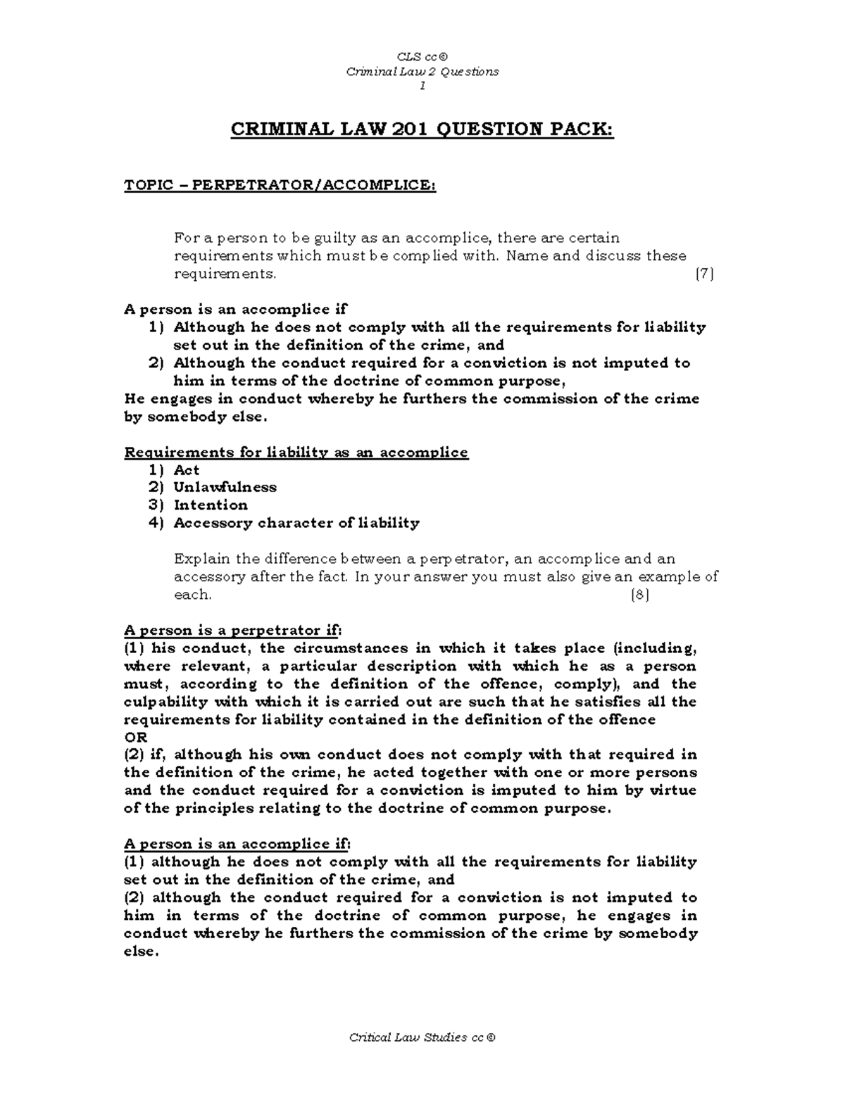 CRW2602 Exam pack 2 - Grade: 7,5 - Criminal Law 2 Questions 1 CRIMINAL ...