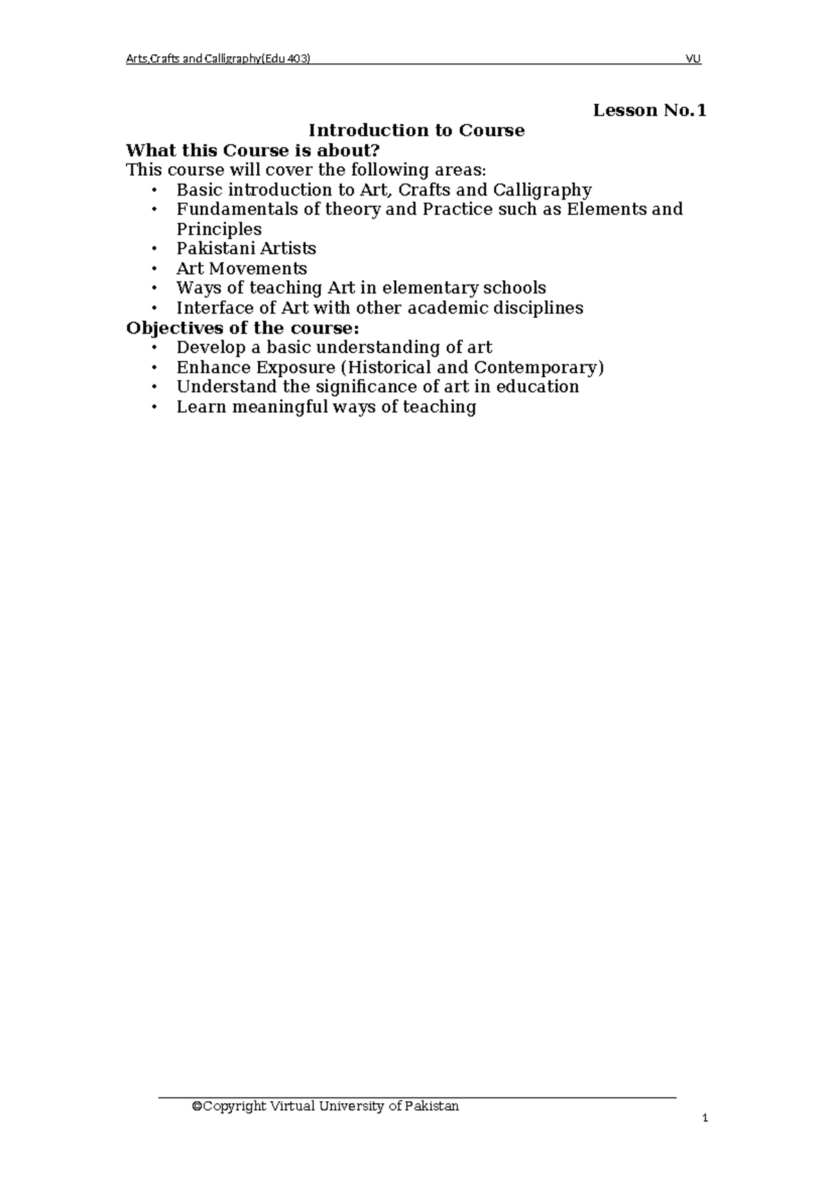 Lesson 1 - English 201 handouts - 1 Arts,Crafts and Calligraphy(Edu 403 ...