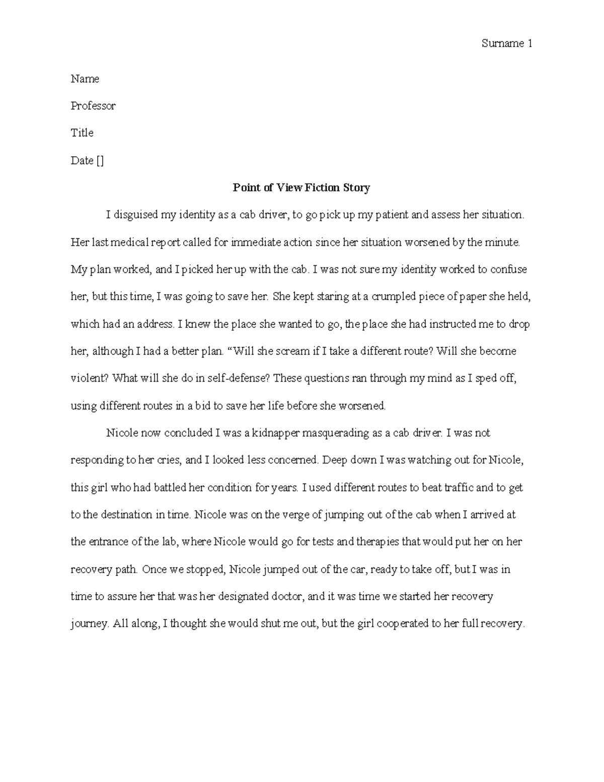 Order 38988 Point of View Fiction Story - Surname 1 Name Professor ...