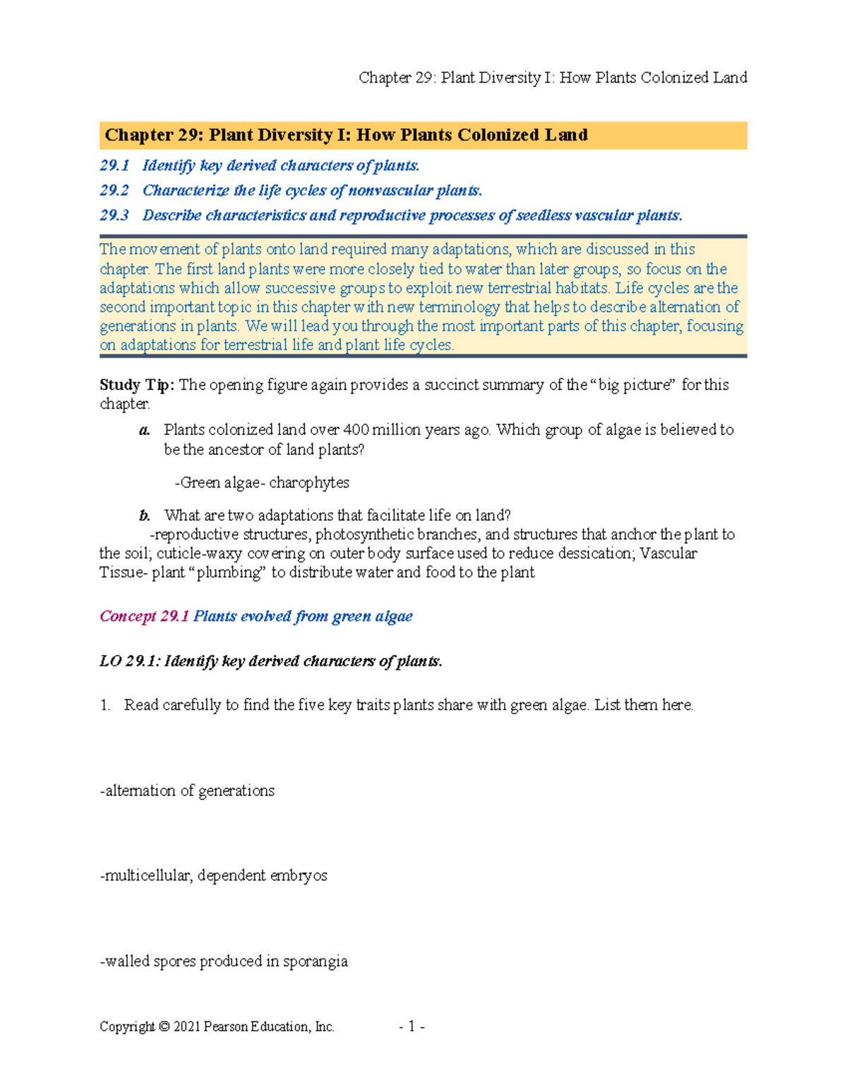 ARG 4 Chapter 29: Plant Diversity I: How Plants Colonized Land - 29 ...