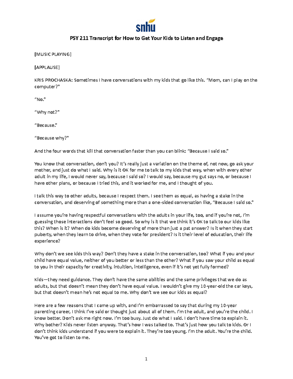 PSY 211 Transcript for How to Get Your Kids to Listen and Engage - “Mom ...