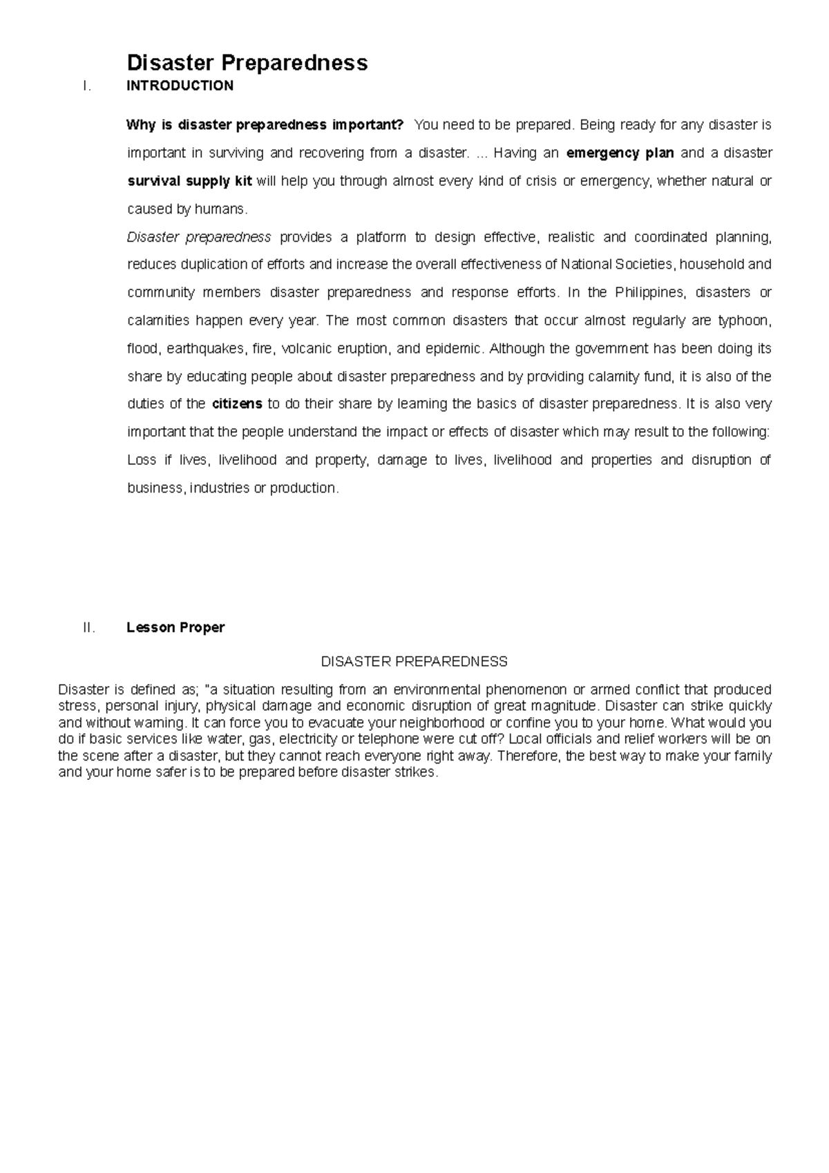 Disaster Preparedness - INTRODUCTION Why is disaster preparedness ...