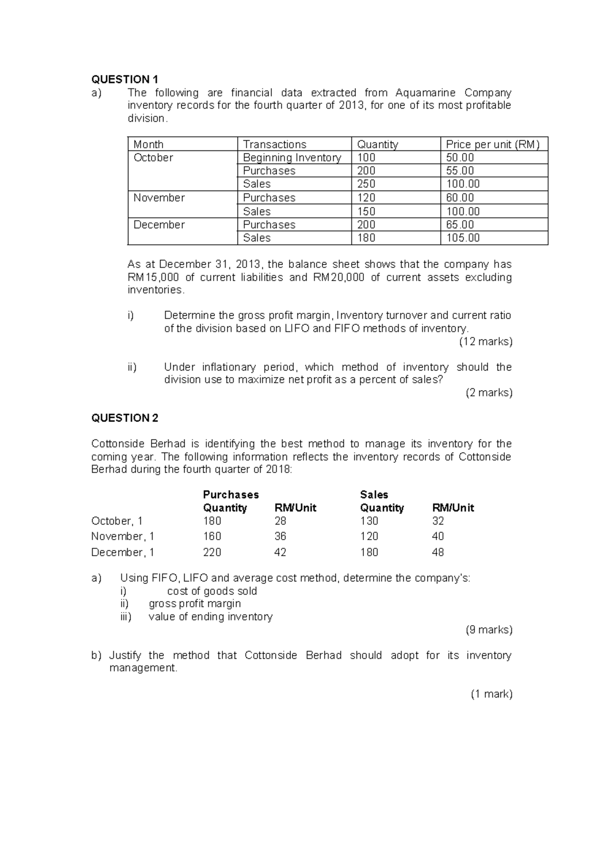 Tutorial Inventory Question 1 A The Following Are Financial Data Extracted From Aquamarine
