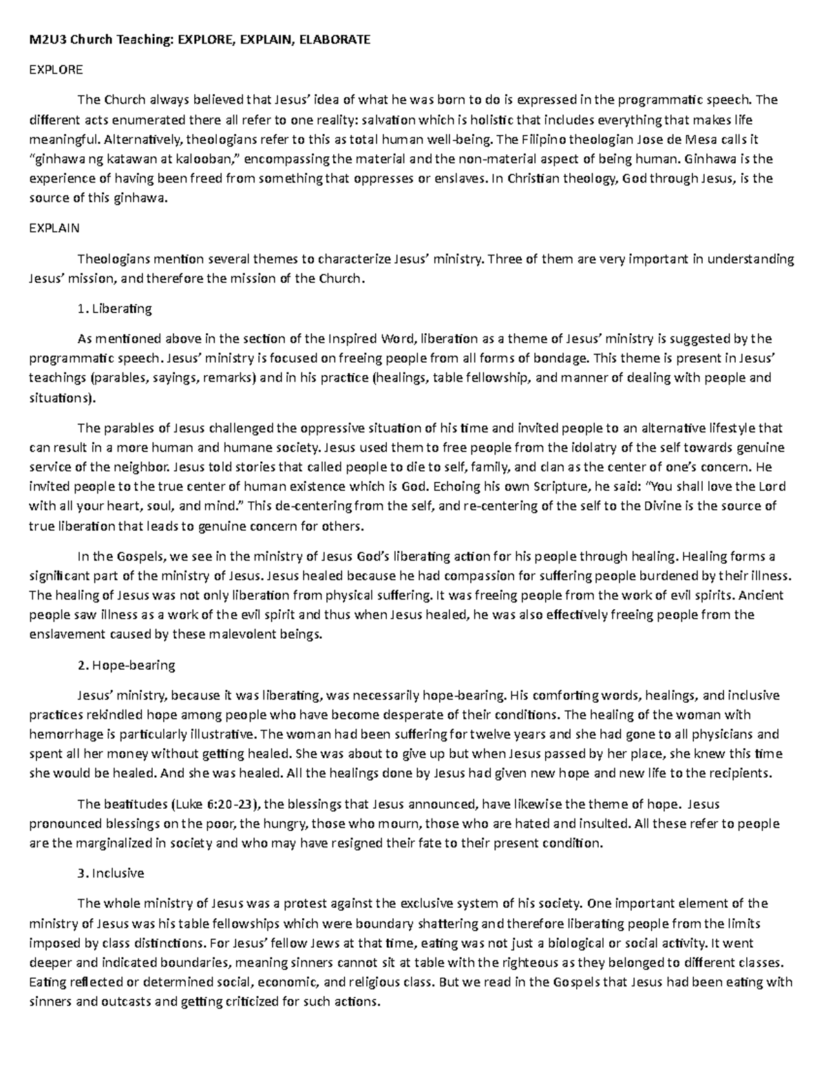 M2U3 Church Teaching - Lecture notes 7th - M2U3 Church Teaching ...