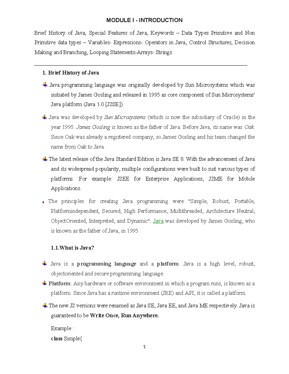 JAVA Module I Notes - java - MODULE I - INTRODUCTION Brief History of ...