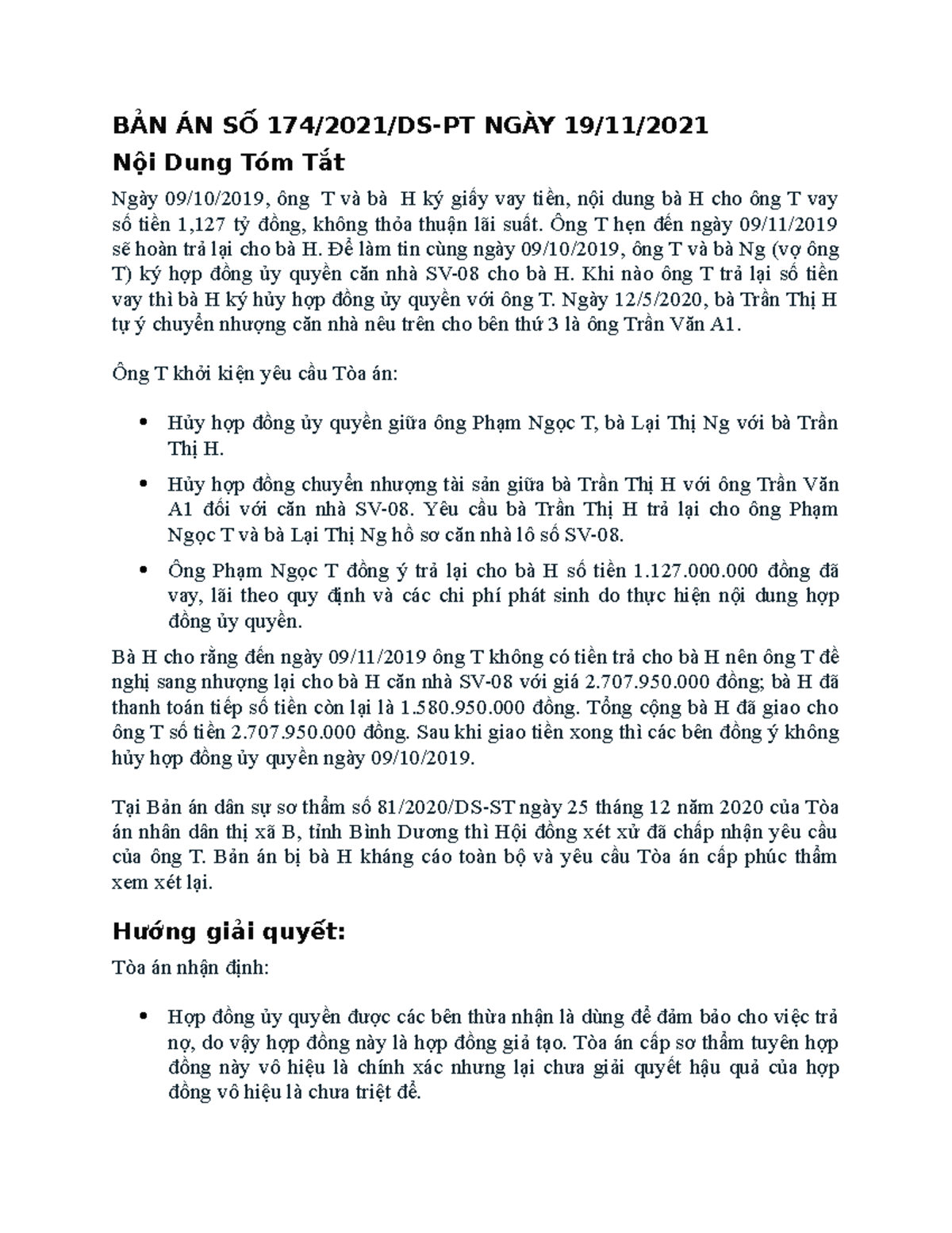 BẢN ÁN SỐ 174 - BẢN ẤN SỐ 174 - BẢN ÁN SỐ 174/2021/DS-PT NGÀY 19/11 ...