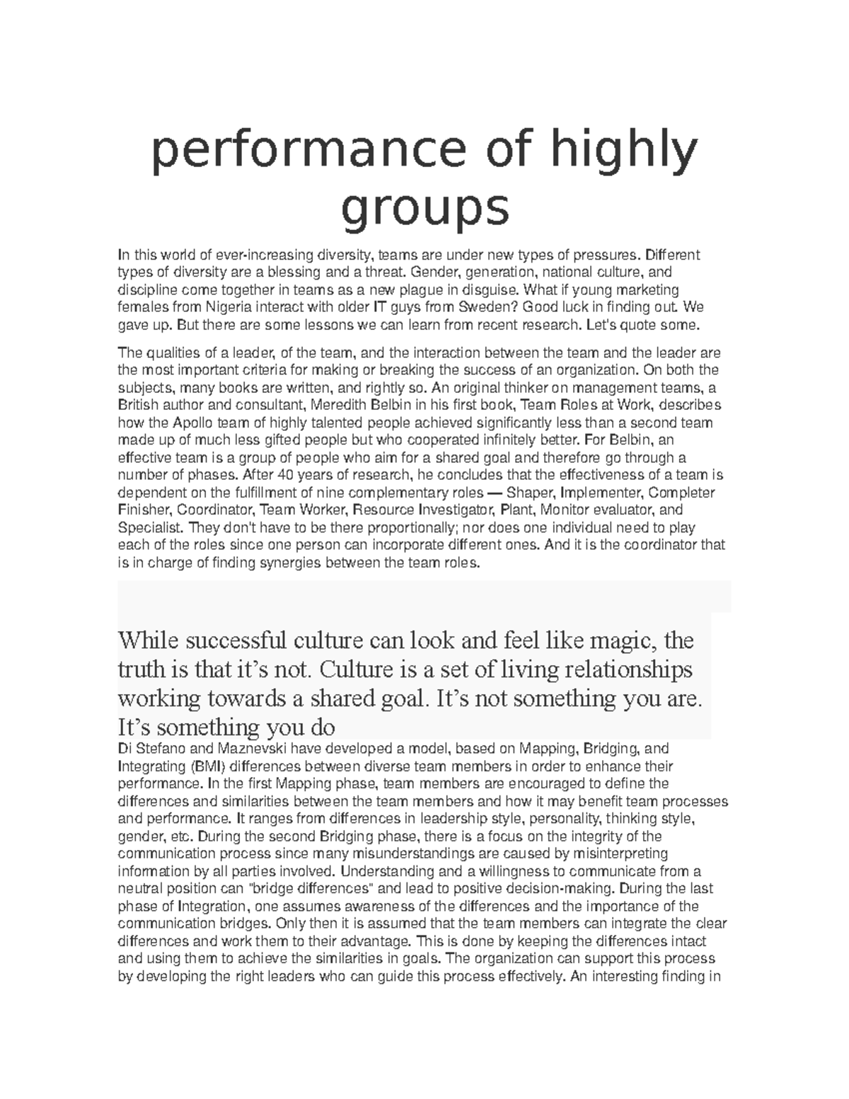 Performance of highly groups - performance of highly groups In this ...