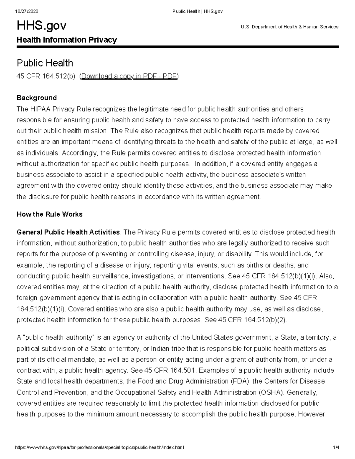 Public Health and Hipaa - HHS Public Health 45 CFR 164(b) (Download a ...