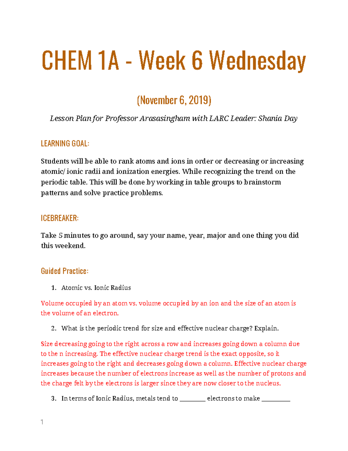 Lesson plan 6 Wednesday - CHEM 1A - Week 6 Wednesday (November 6, 2019 ...
