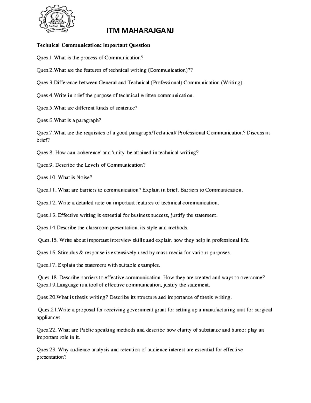 TC Important Question 013556 - ITM MAHARAJGANJ Technical Communication ...