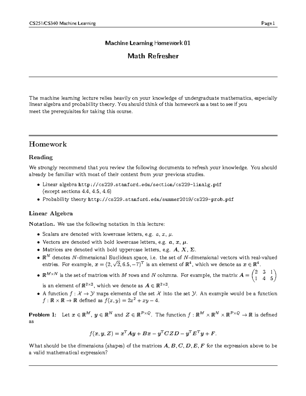 HW01 Sol - Math Refresher - Math Refresher The machine learning lecture ...