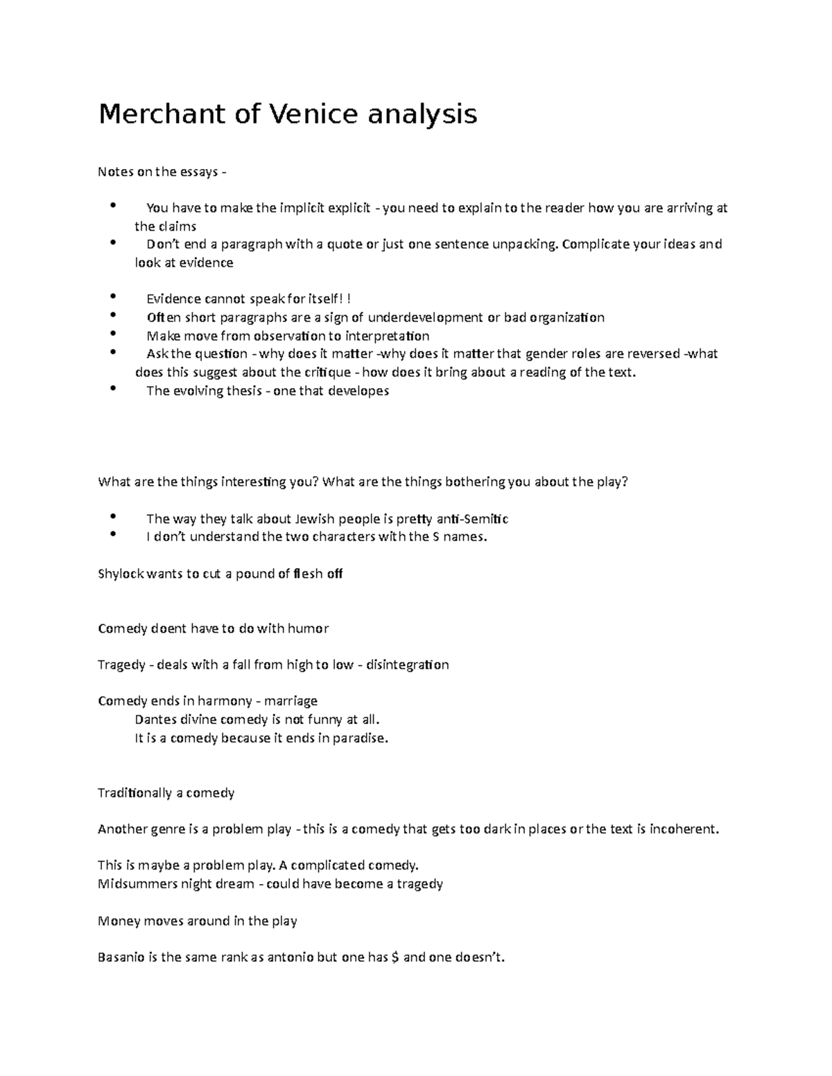 Merchant of Venice analysis - Merchant of Venice analysis Notes on the ...