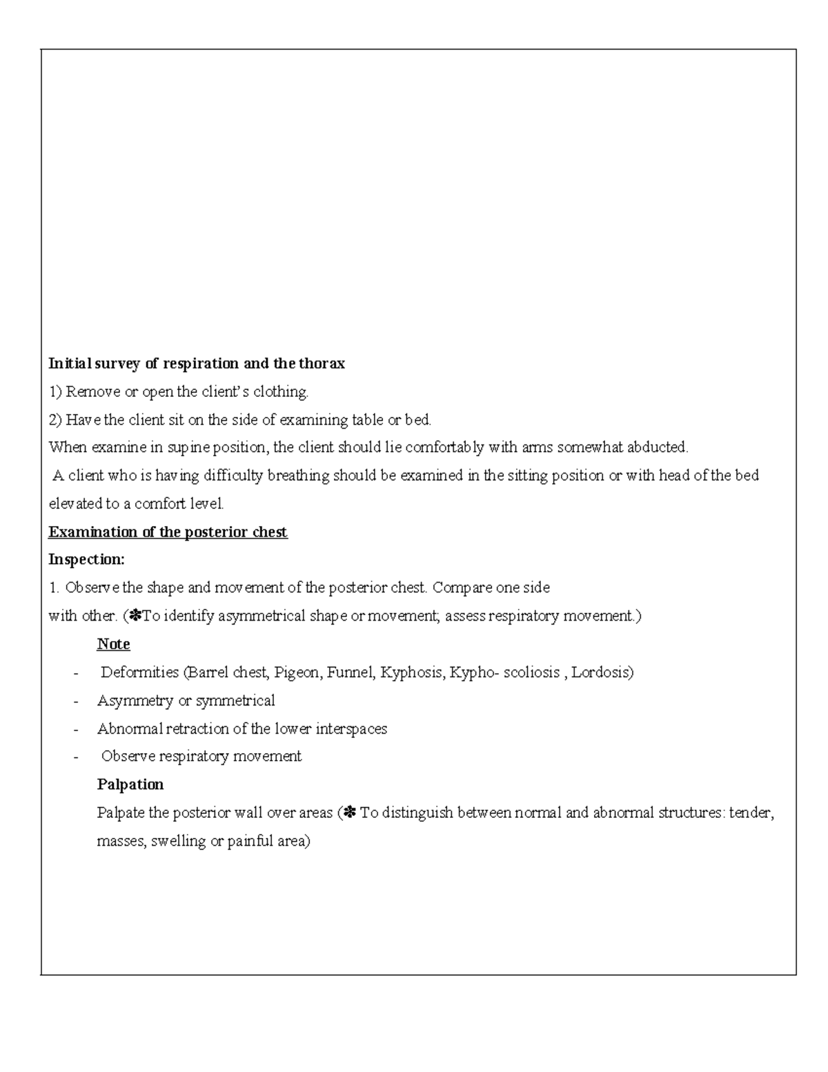 Lung and thorax examination checklist - Initial survey of respiration ...