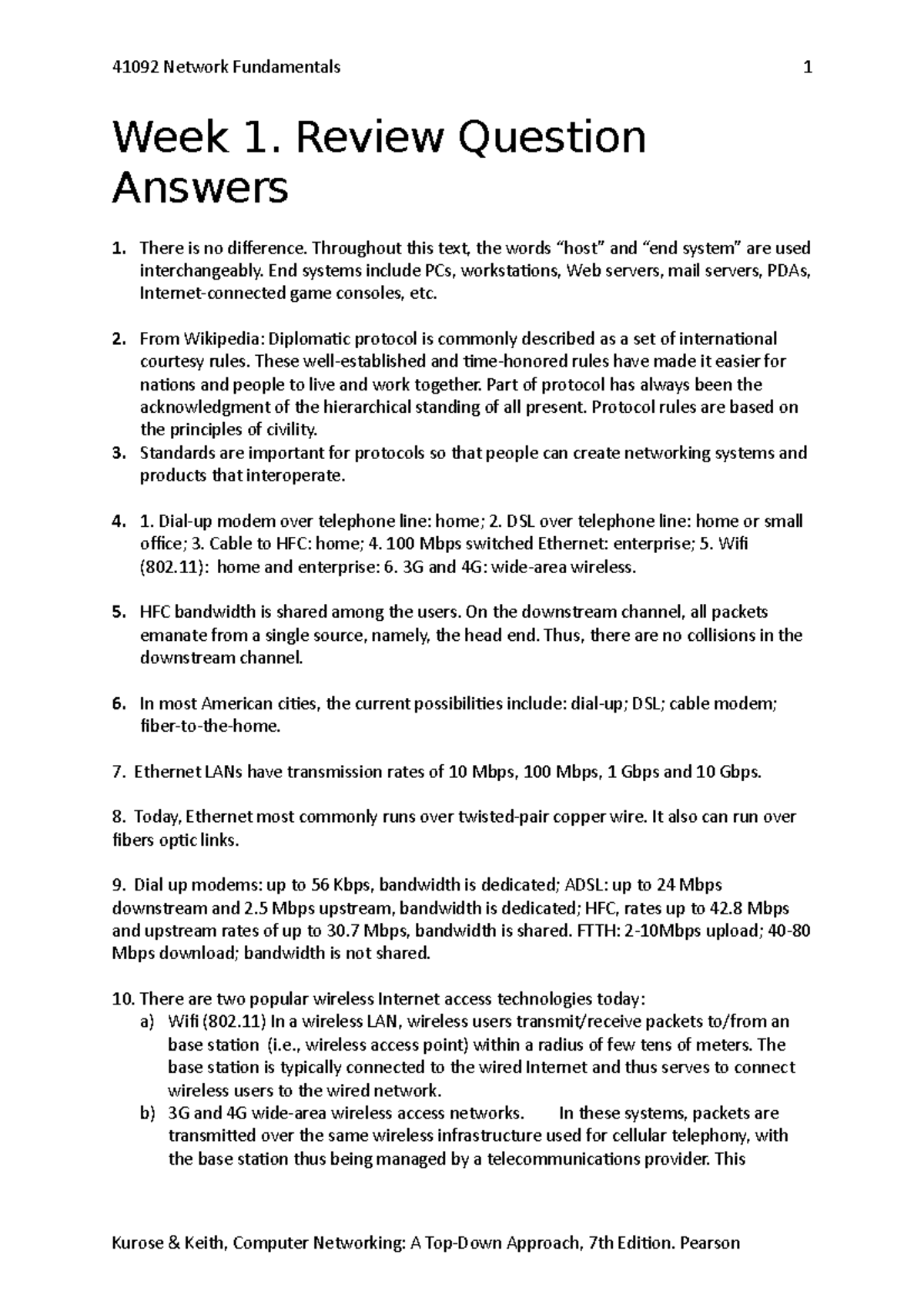 Week1-Review Question Answer - 41092 Network Fundamentals Week 1. Review Question Answers 1 ...