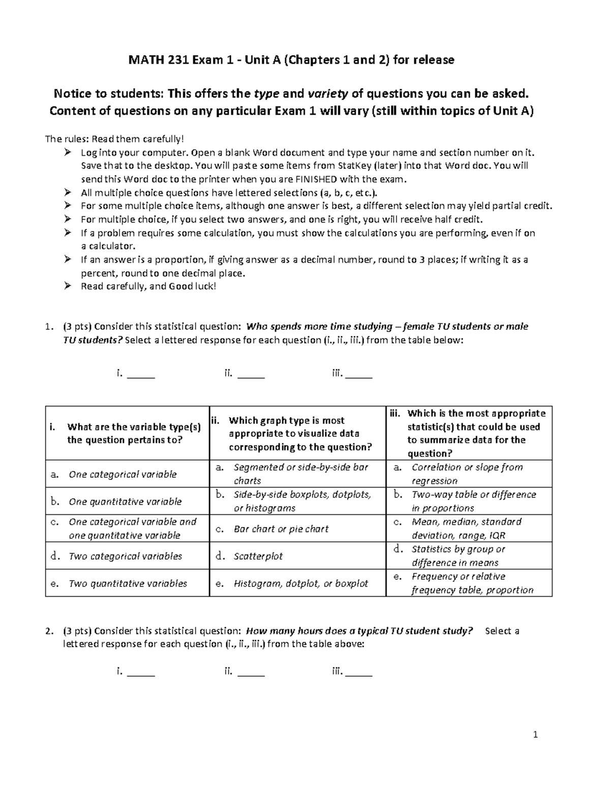 Exam 1 for Release - practice exam - MATH 231 Exam 1 - Unit A (Chapters 1 and 2) for release ...