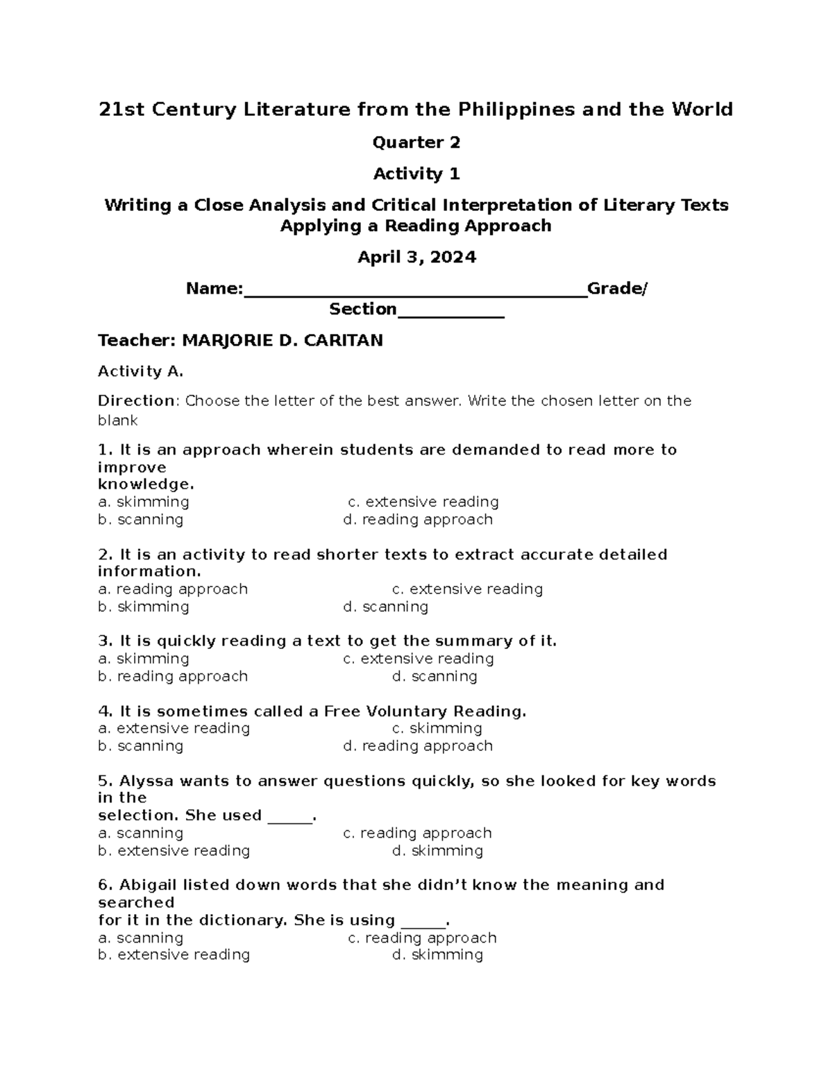 21st Century Literature 3rd quarter activity sheets activity 1 - 21st ...