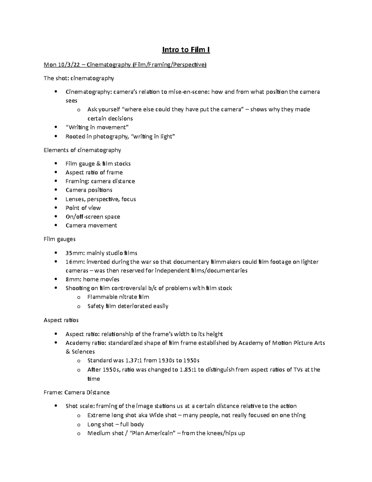 2022-03-10 Intro to Film I - Intro to Film I Mon 10/3/22 ...