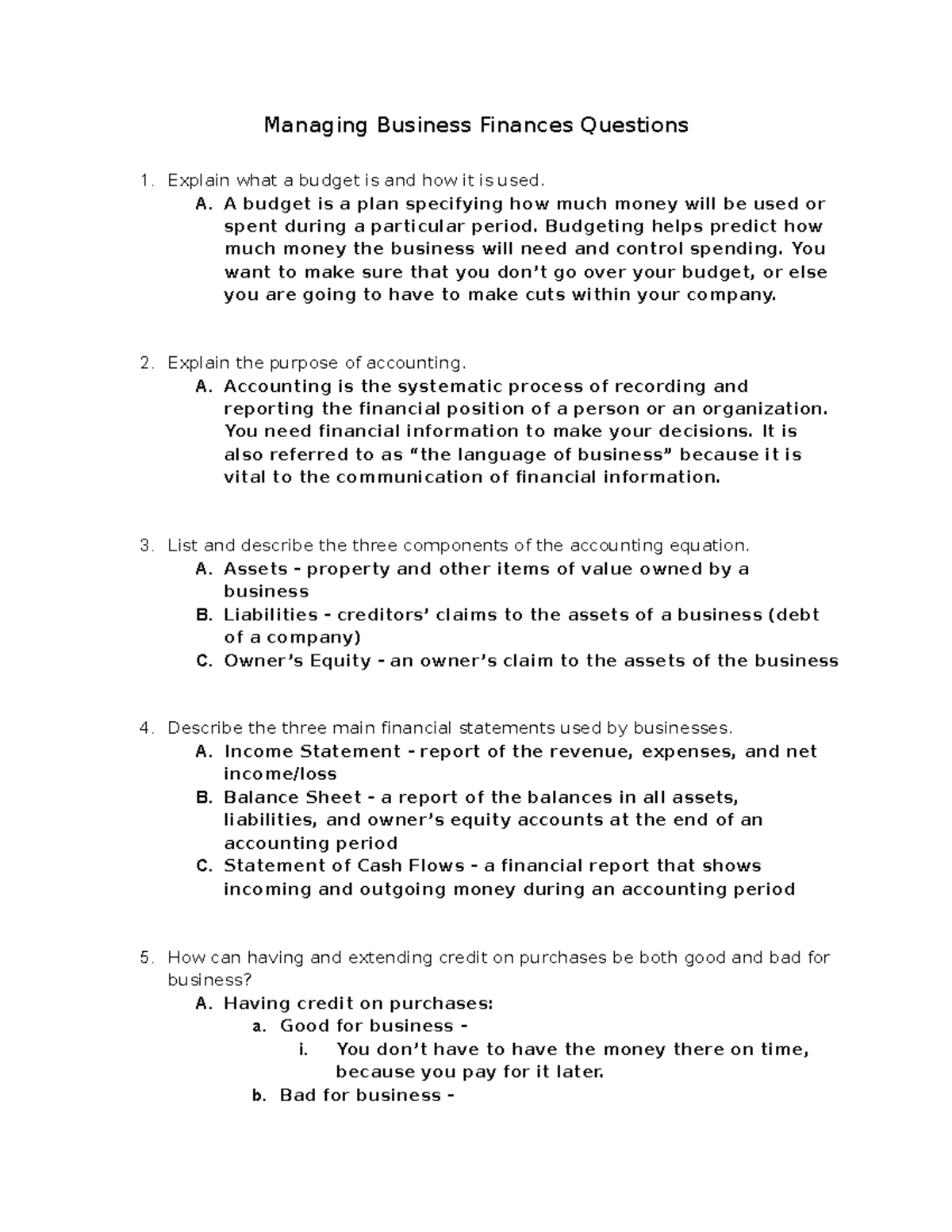Chapter 8 Questions - Managing Business Finances Questions Explain what ...