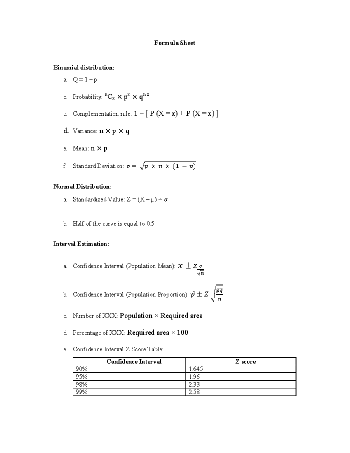 Formula Sheet 2 - Formula Sheet Binomial distribution: a. Q = 1 – p b ...