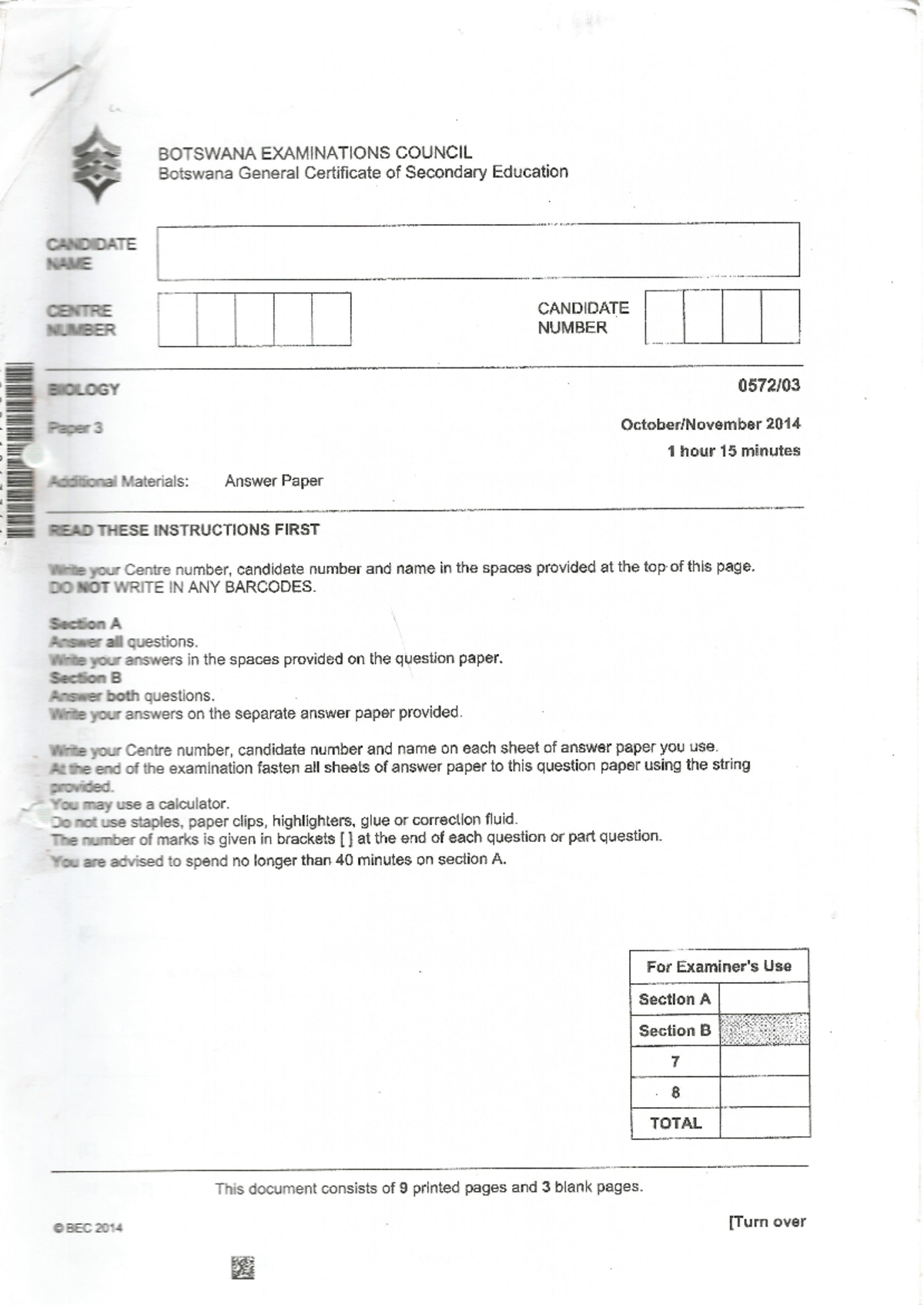 2014 Bgcse - for student in senior school - BOTSWANA EXAMINATIONS ...