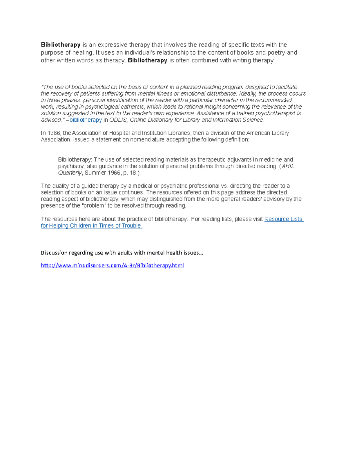 Bibliotherapy - Notes - Bibliotherapy is an expressive therapy that ...