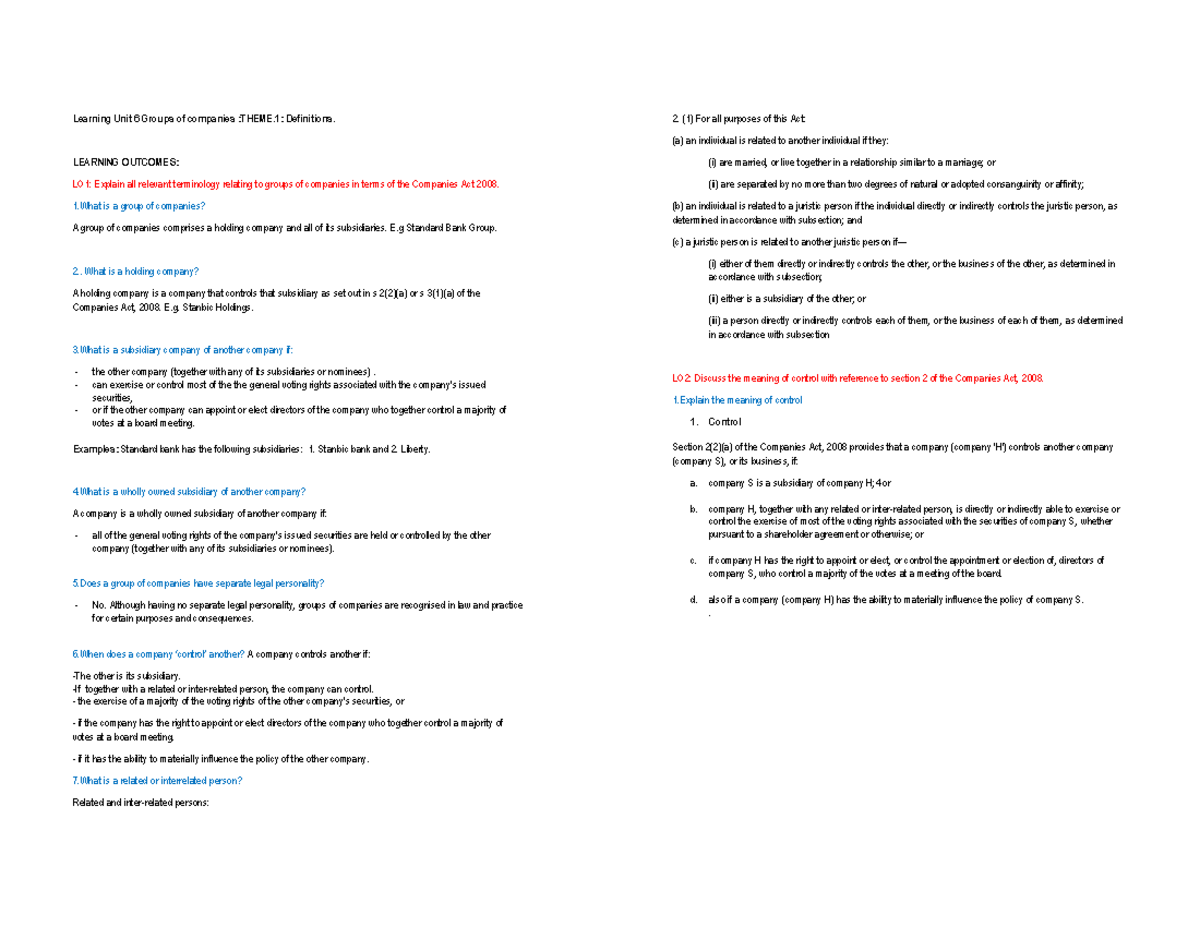 LU6 Theme 1,2,3 (new laes) 1 - Learning Unit 6 Groups of companies ...