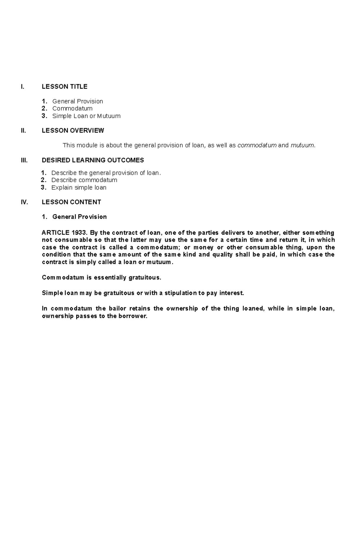 Module 7 LAW 2 - OBLICON Notes - I. LESSON TITLE General Provision ...