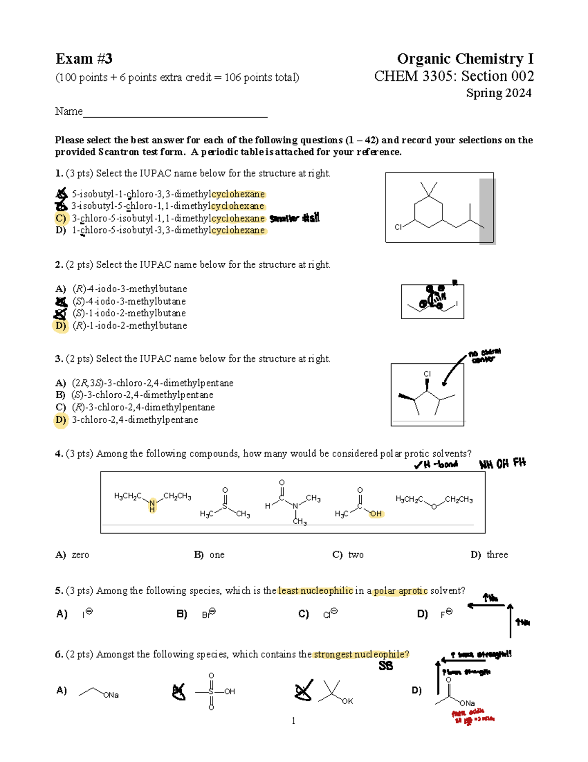 Spring 2024 - practice test - 1 Exam #3 Organic Chemistry I (100 points ...
