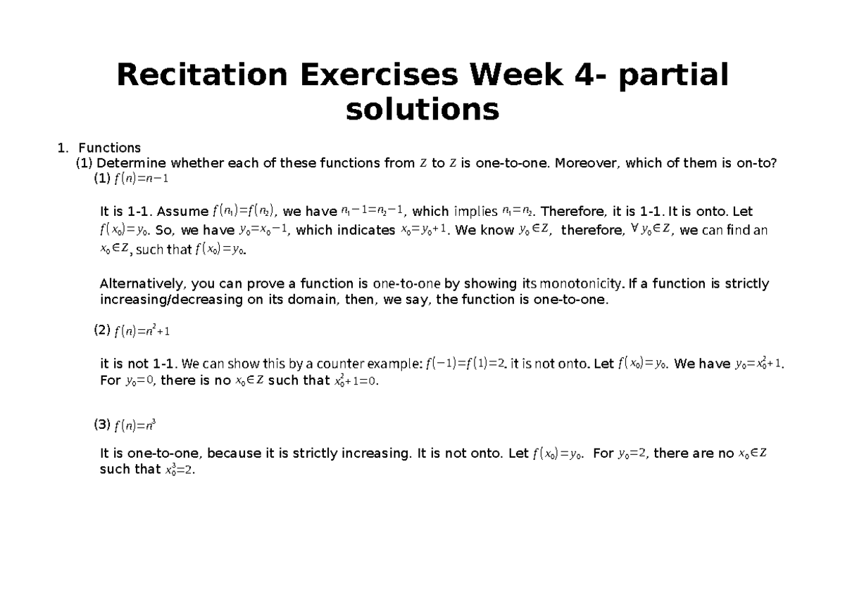 Recitation Week 4 Solutions - Recitation Exercises Week 4- partial solutions 1. Functions (1 ...