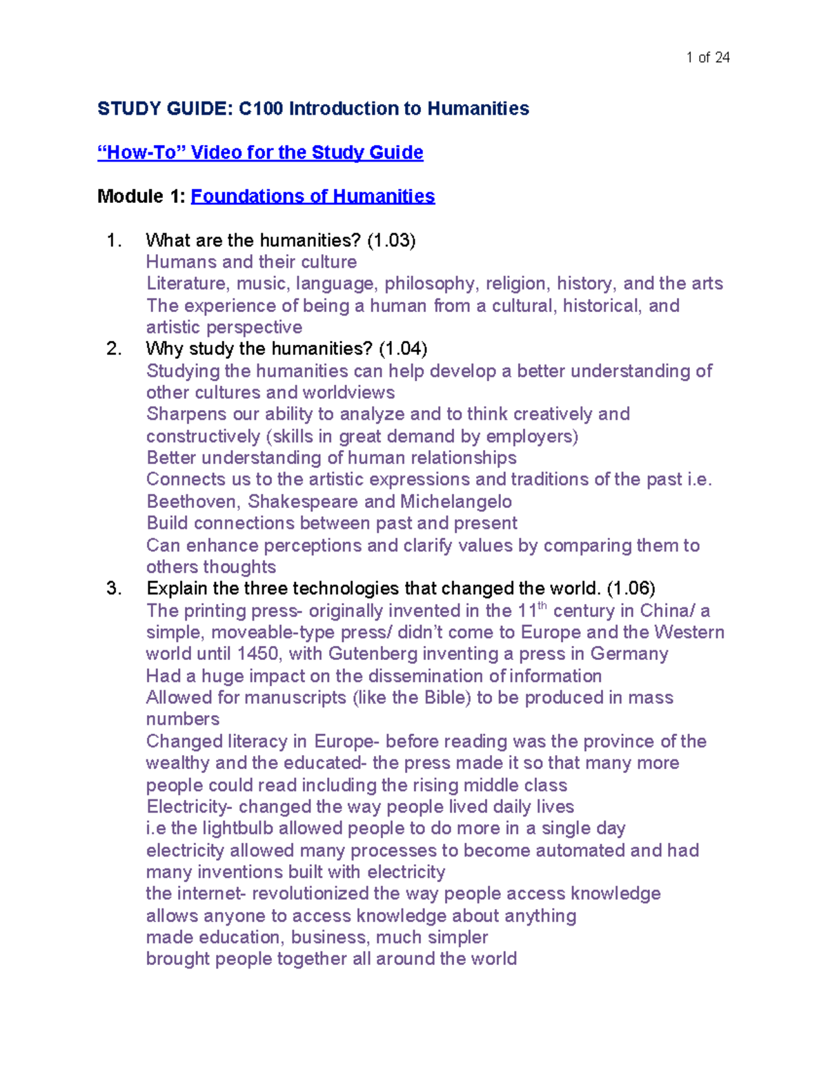 C100 study guide outline - STUDY GUIDE: C100 Introduction to Humanities “How-To” Video for the ...