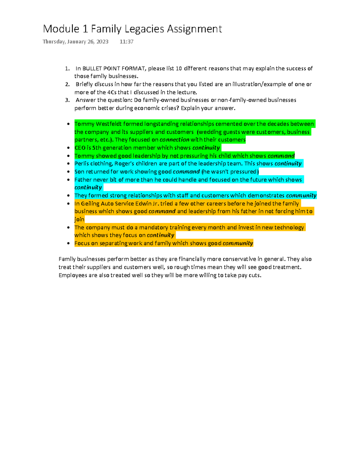 Module 1 Family Legacies Assignment - In BULLET POINT FORMAT, please ...