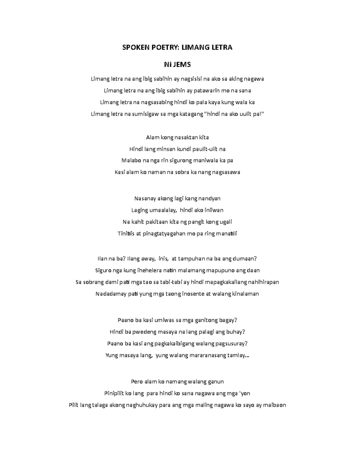 Spoken Poetry 1 - A piece of writing - SPOKEN POETRY: LIMANG LETRA Ni ...
