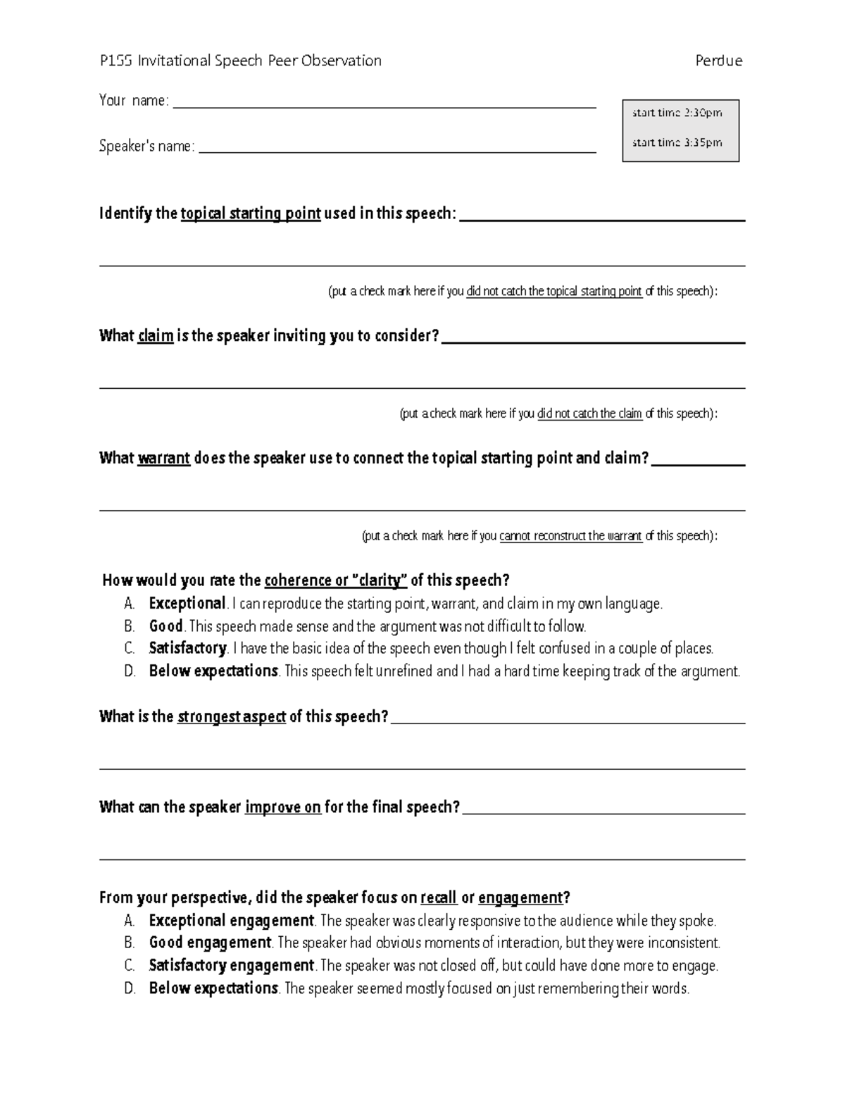 Speech 3 Peer Feedback Form - P155 Invitational Speech Peer Observation ...