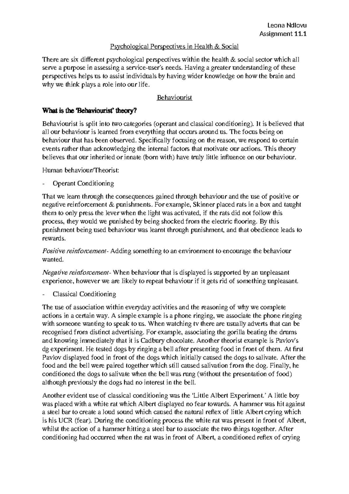 Psychological Perspectives in Health - Assignment 11. Psychological ...