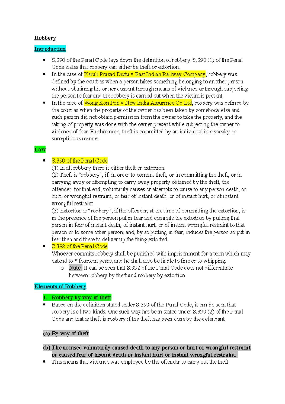 Criminal Law II: Robbery Notes - Robbery Introduction S of the Penal ...