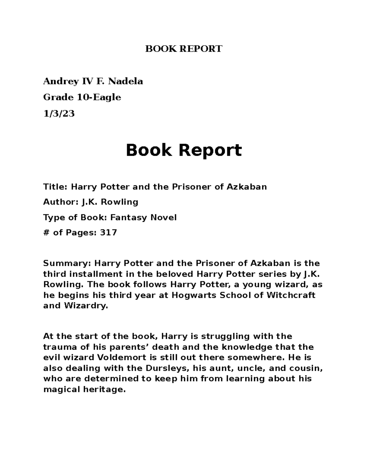 Nadela - Book-Report [English] - BOOK REPORT Andrey IV F. Nadela Grade ...