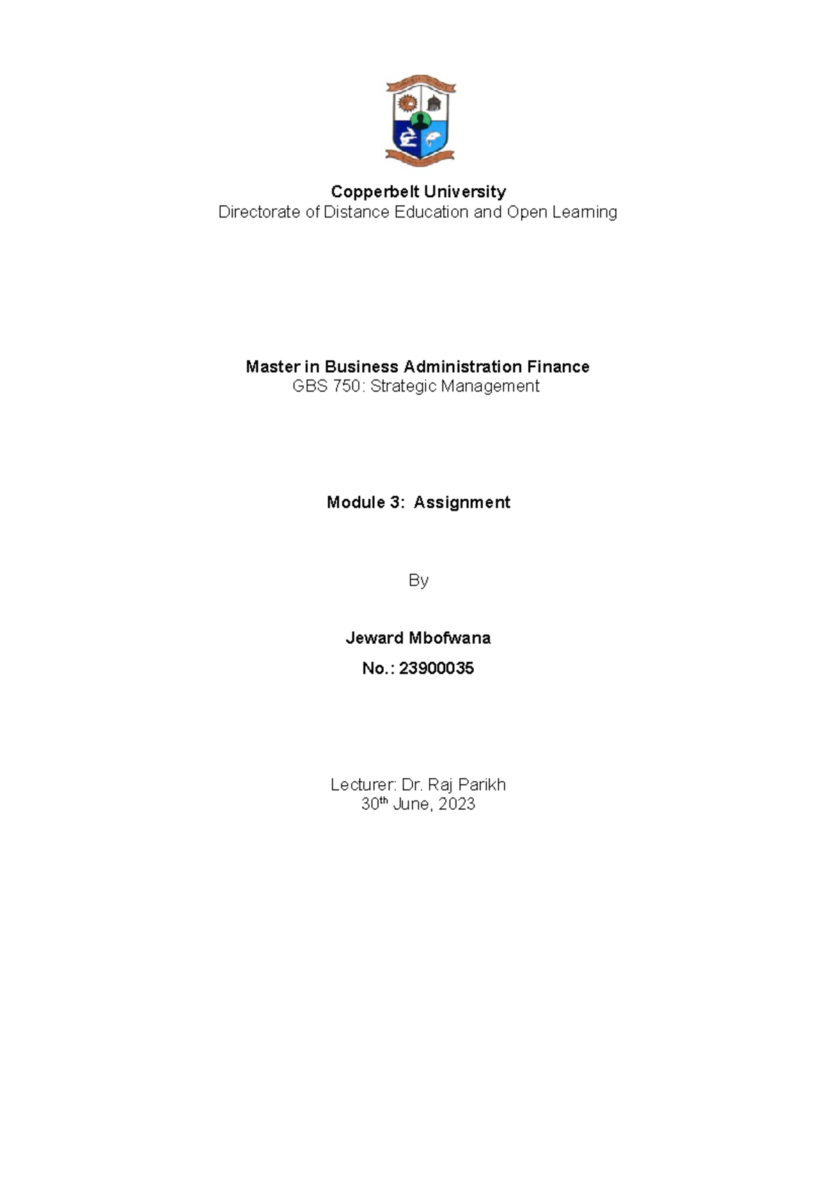 Module 3 Assignment - Strategic Management - Copperbelt University Directorate of Distance ...