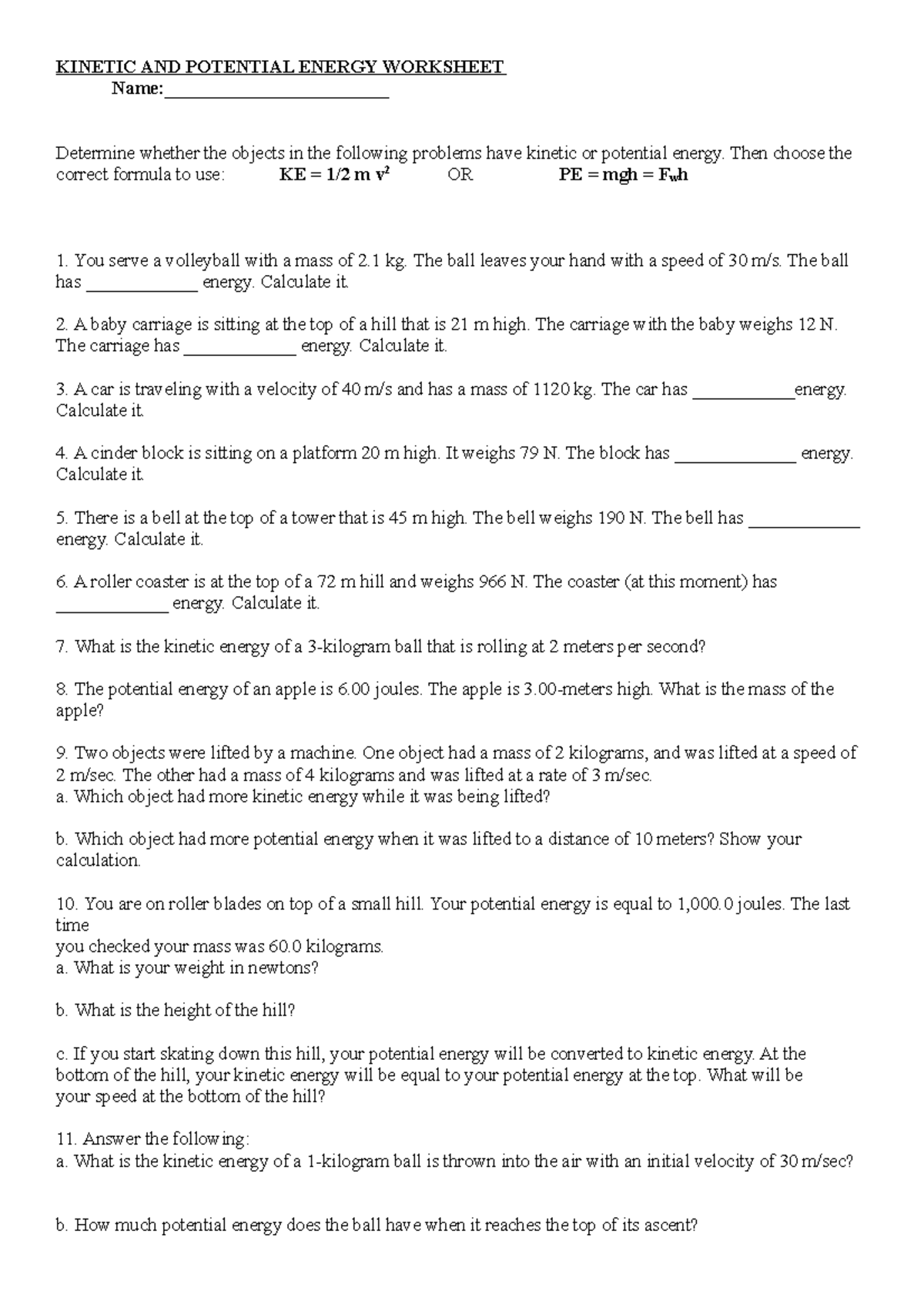 KE and PE energy worksheet 2 - KINETIC AND POTENTIAL ENERGY WORKSHEET ...