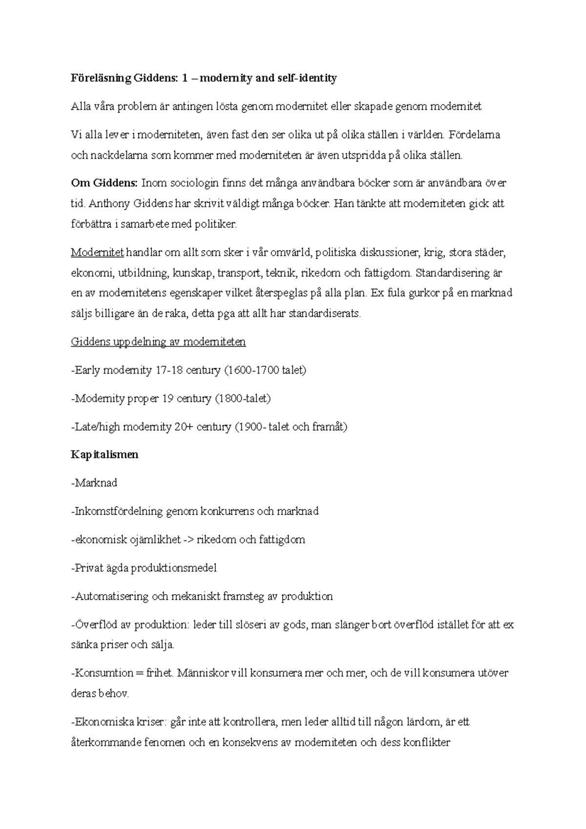 Giddens docx - Föreläsningsanteckningar - Föreläsning Giddens: 1 ...