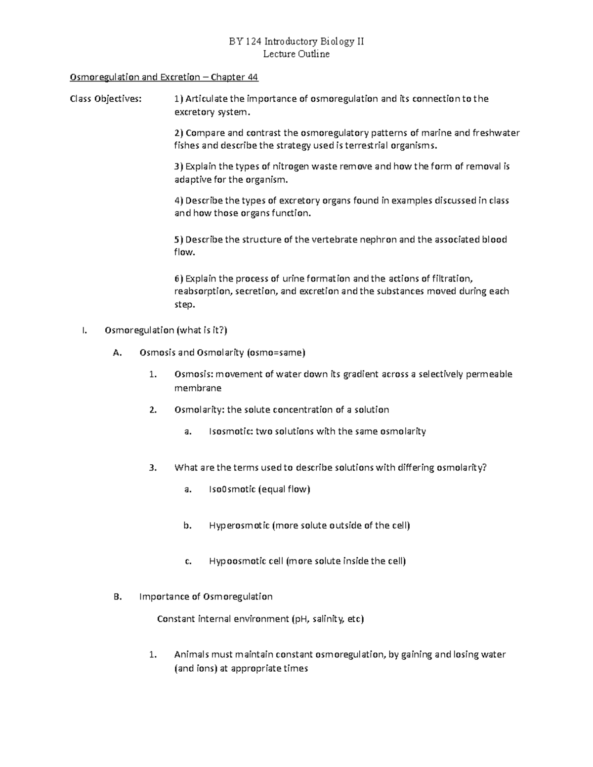 Ch 44 Osmoregulation and Excretion-1 - Lecture Outline Osmoregulation ...