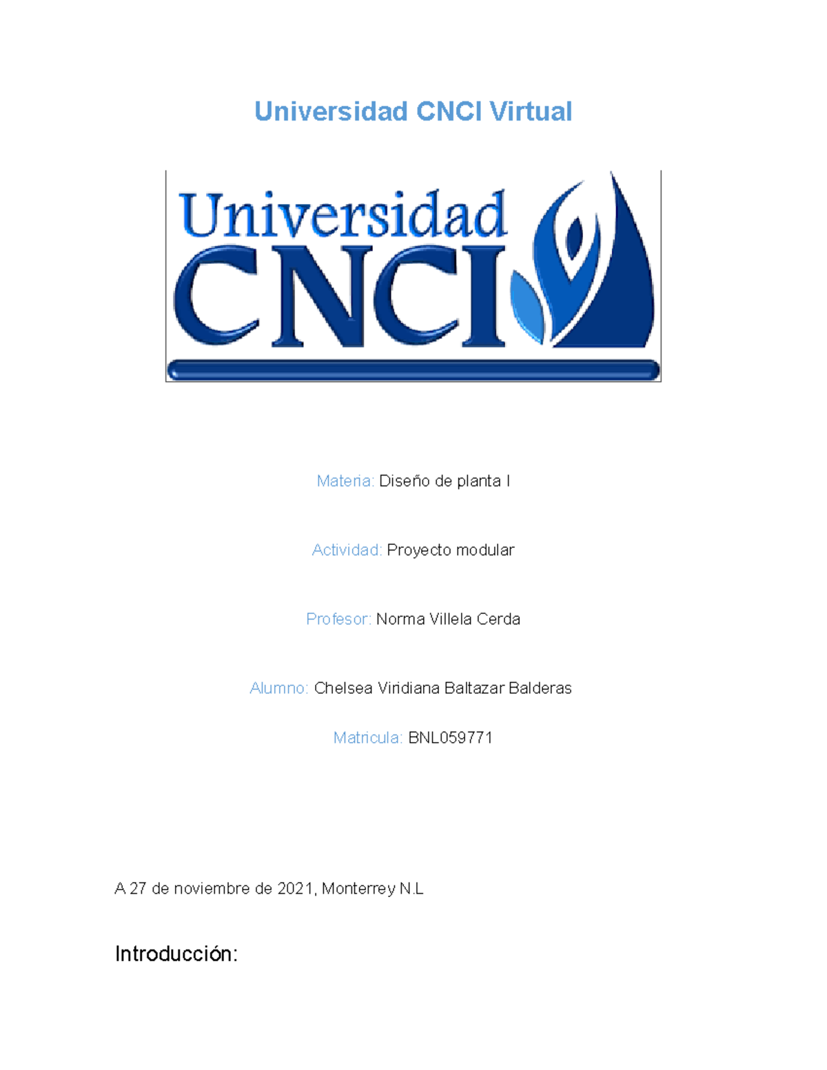 Diseño DE Planta Proyecto Modular - Universidad CNCI Virtual Materia: Diseño de planta I ...