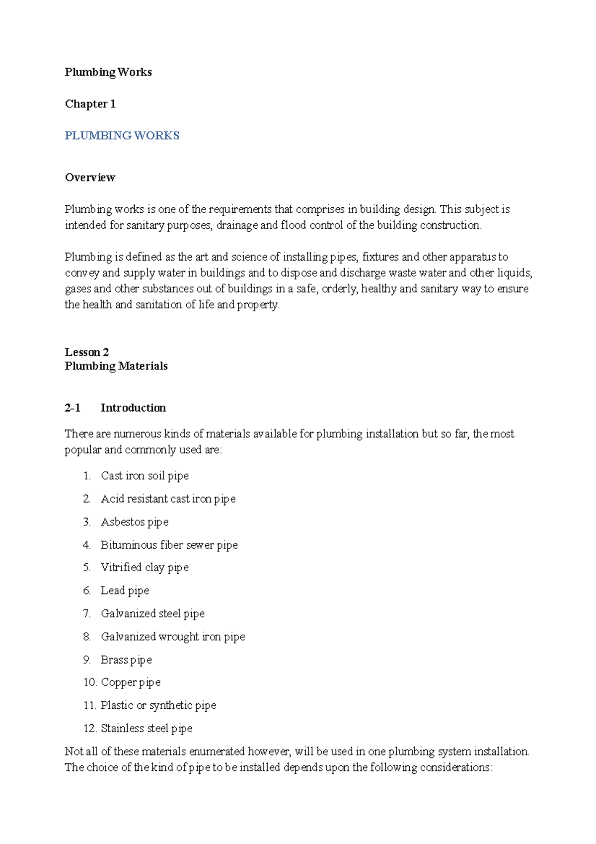 CE115Plumbing 2 - Quantity Surveying - Plumbing Works Chapter 1 ...