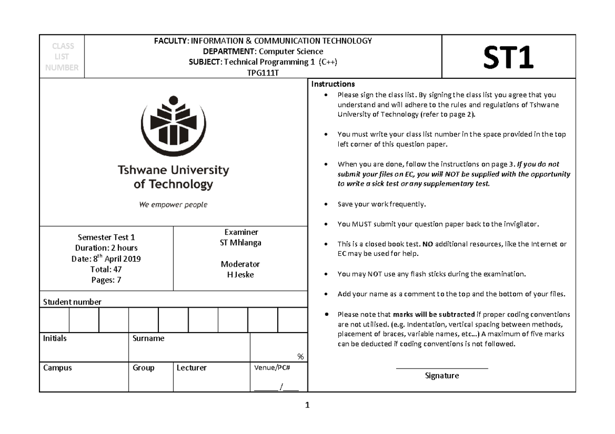 TPG111T Sem Test 1 - None - CLASS LIST NUMBER FACULTY : INFORMATION ...