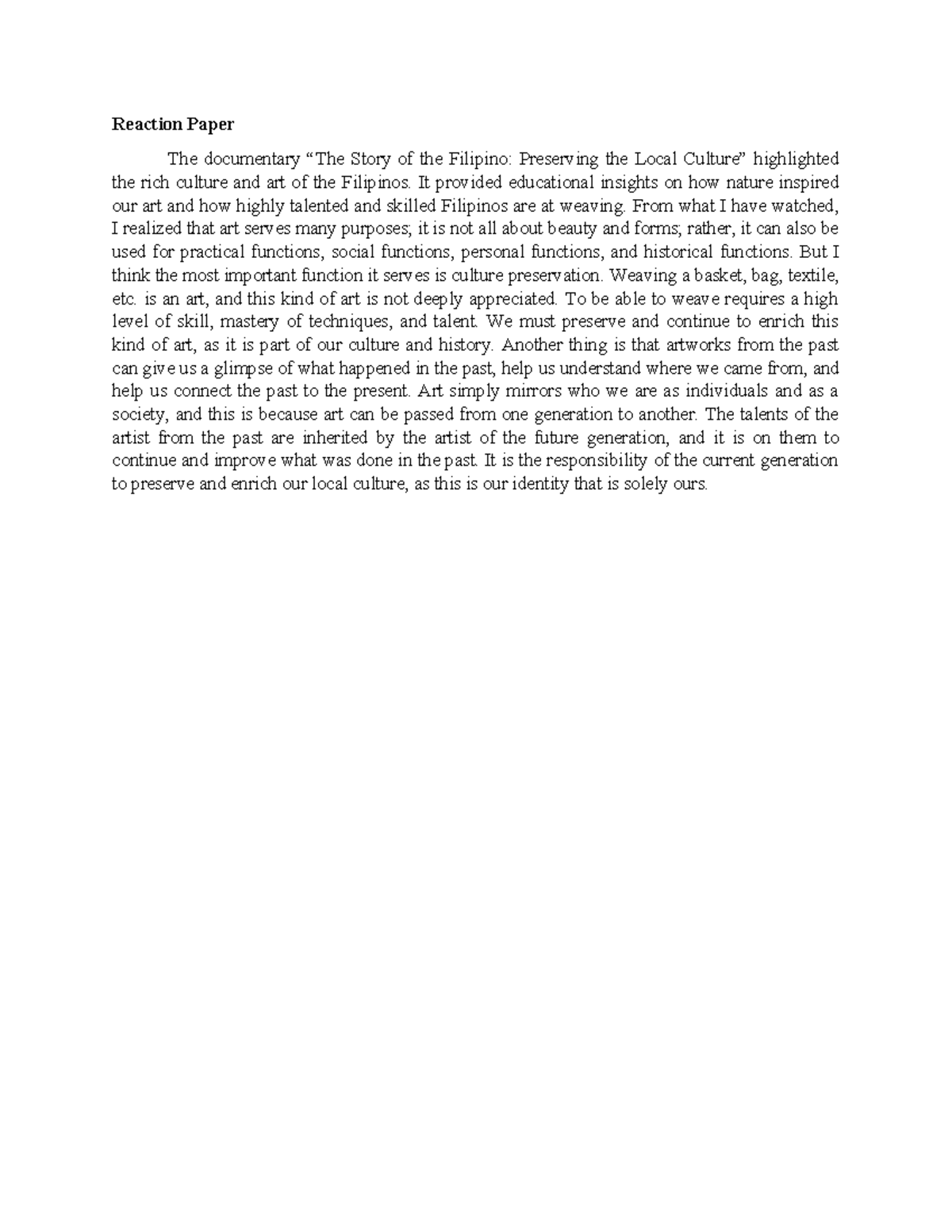 Art Appreciation (Activity 3) - Reaction Paper The documentary “The ...